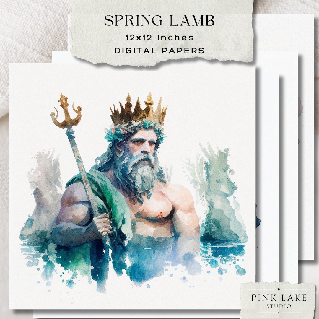 King Neptune Clipart Bundle, Watercolor Roman Mythology God of Sea, Blue Green Decor, Boys ...