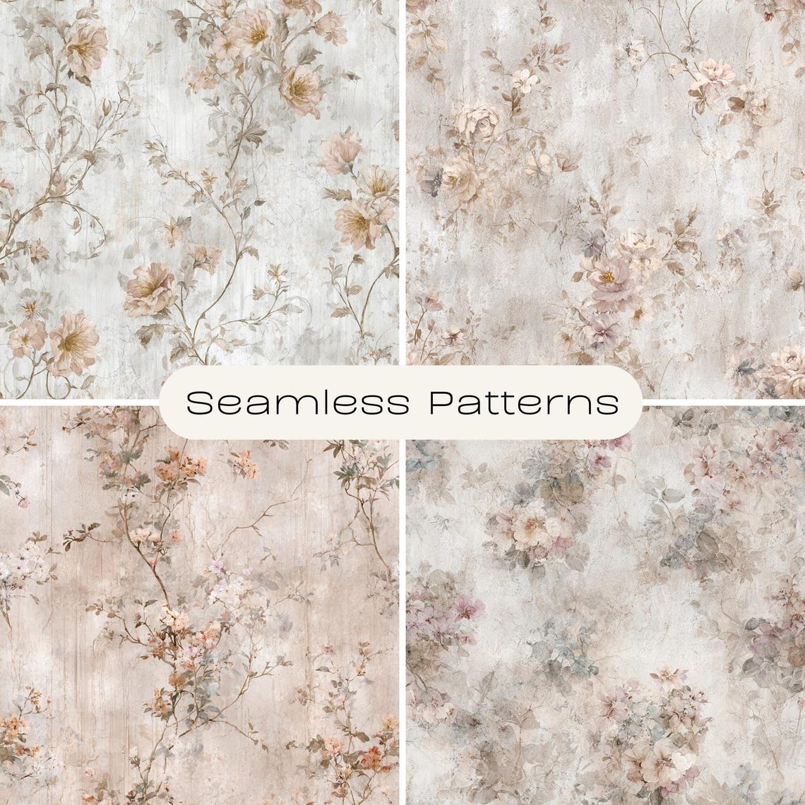 French Floral Seamless Pattern Set, Vintage Wall Textures, Château ...