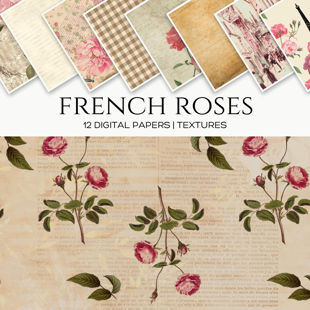 French Roses Digital Paper, Vintage Roses Scrapbook Paper, Distressed ...