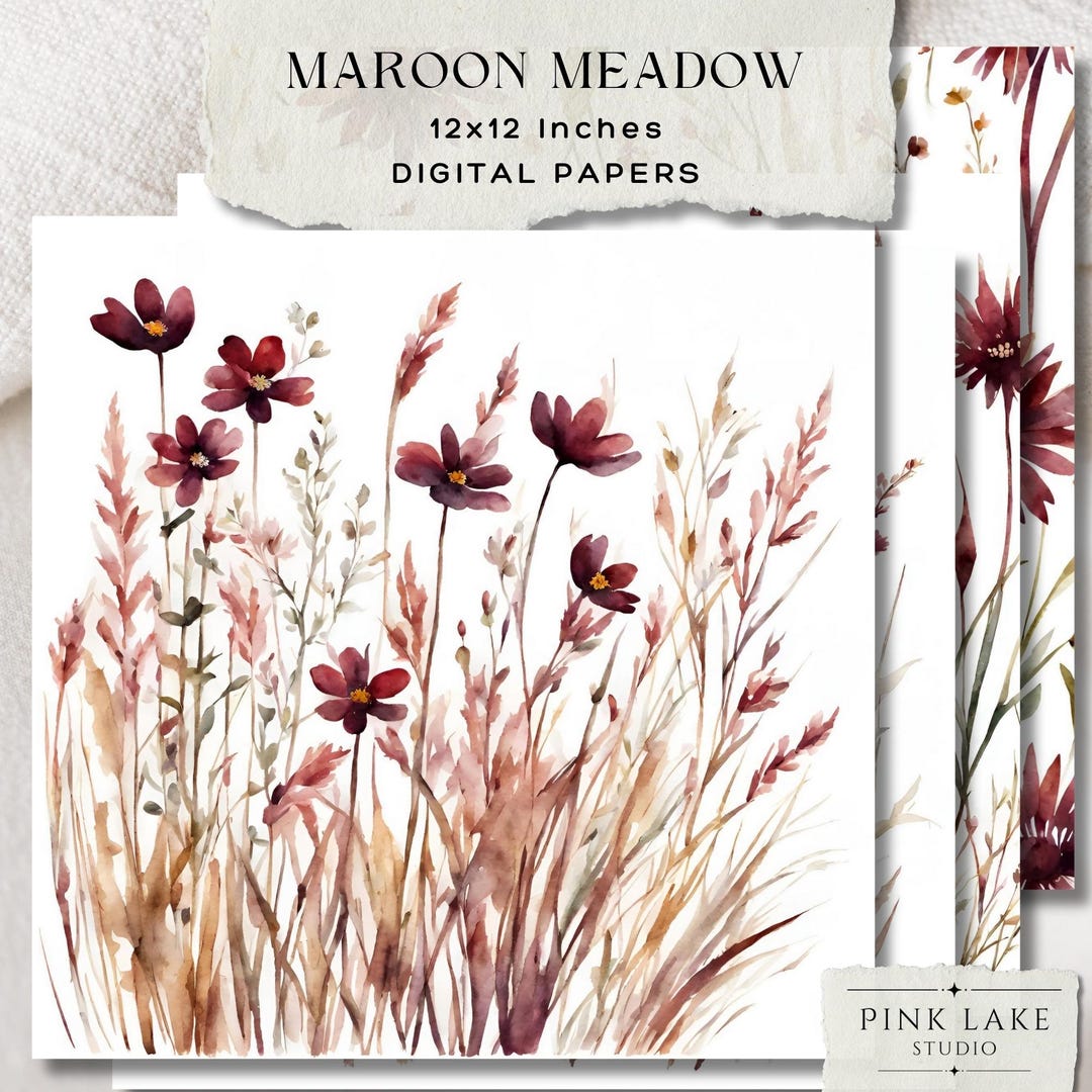 Maroon Meadow Digital Paper, Watercolour Wildflower Backgrounds ...