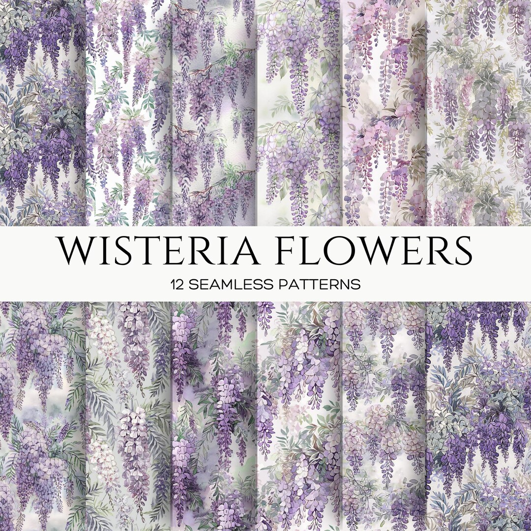 Wisteria Seamless Pattern, Floral Digital Paper Sage Green Purple ...