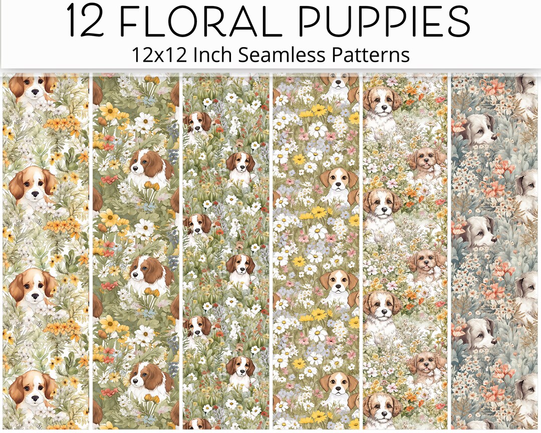 Puppy Floral Digital Paper, Seamless Floral Pattern, Cute Dogs ...