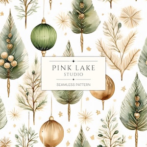 Watercolor Christmas Pattern, Green Gold Holiday Trees (digital Paper ...