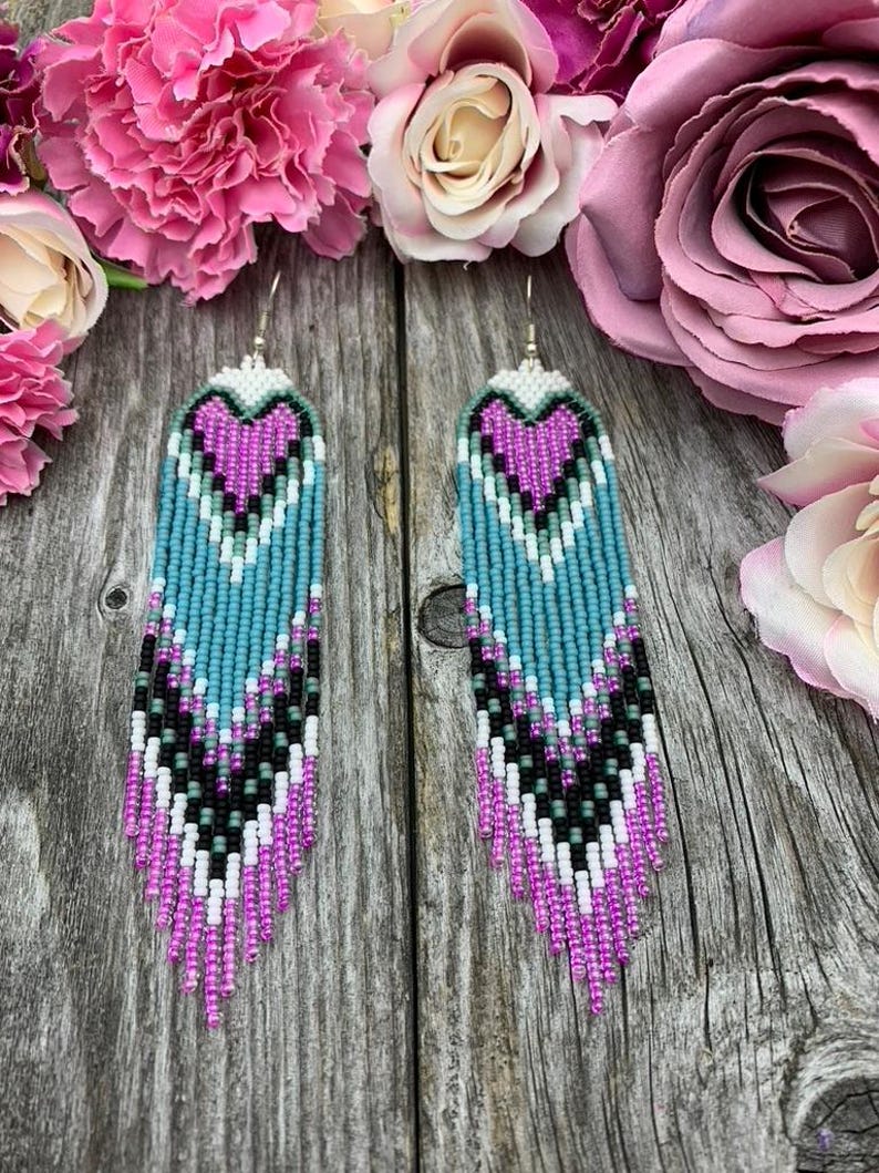 Seed Bead Fringe Beaded Heart Pattern Jewelry - Valentines Day Handmade ...