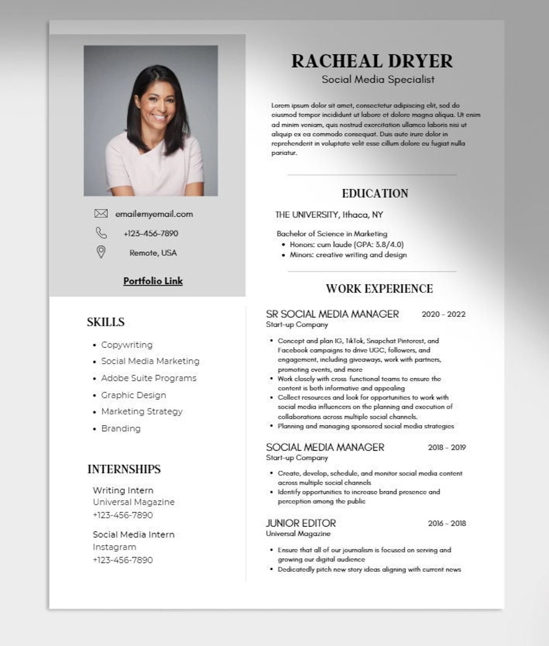 Basic Resume Template - Photo Option - Etsy
