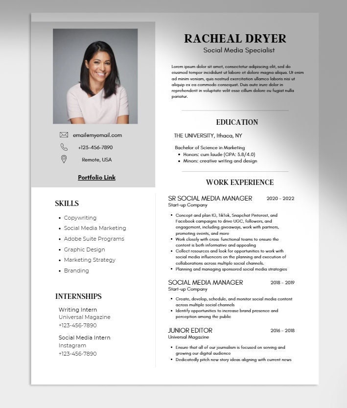 Basic Resume Template - Photo Option - Etsy