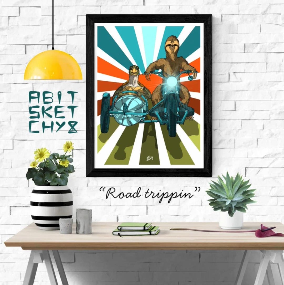 Road Trippin’ Art Print – Hand Drawn Animal Motorcycle Poster | Offbeat ...