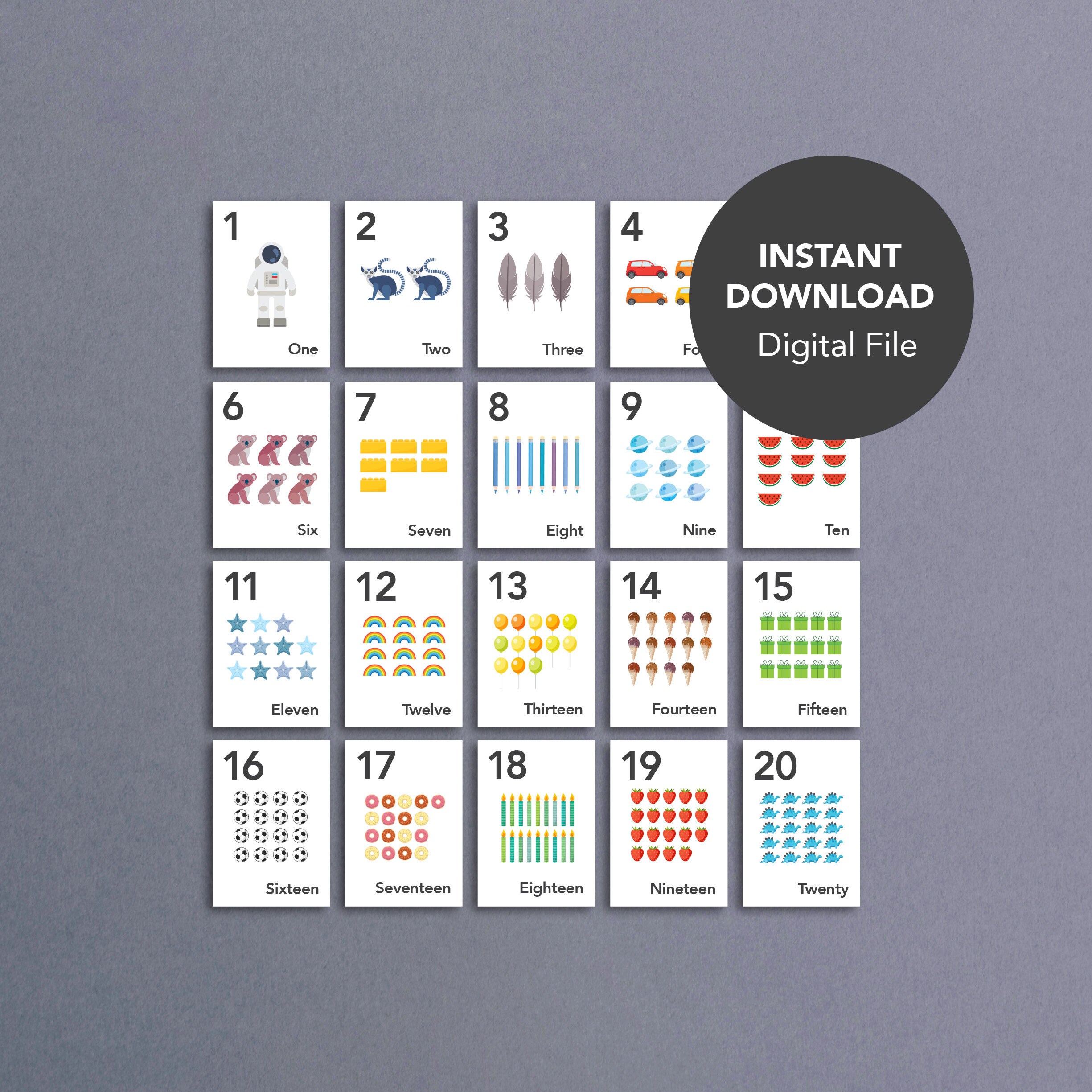 Numbers Flash Cards, Digital Download, Counting Card Set, Numbers 1-20 ...
