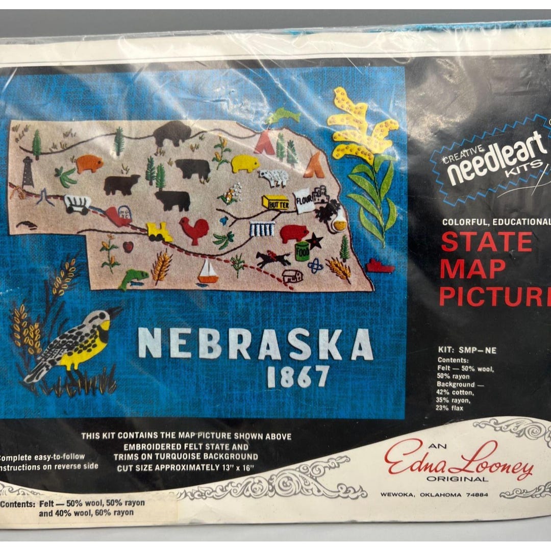 Rare Edna Looney Felt Kit Nebraska 1867 State Map Picture 13x16 Inch ...