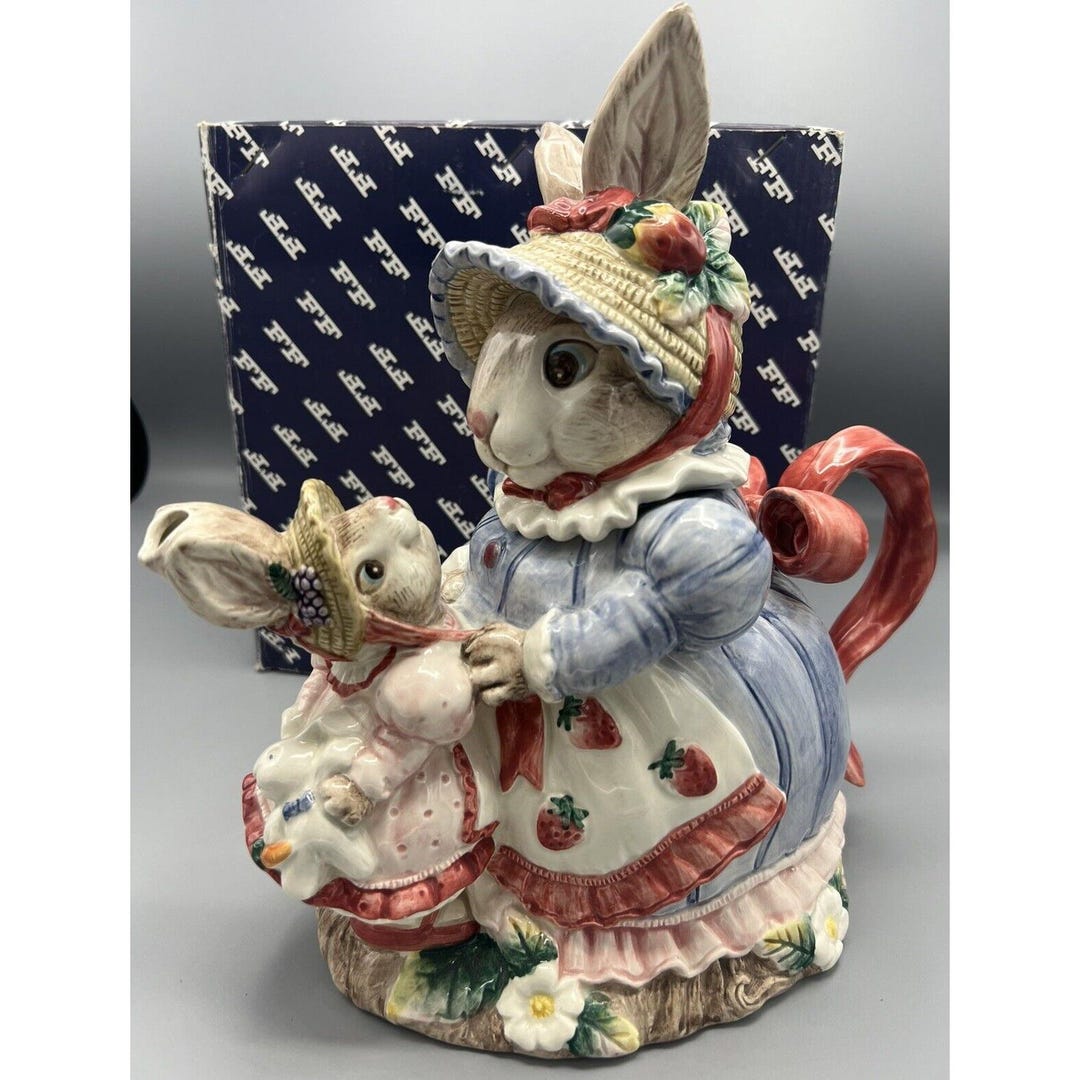 Fitz and Floyd Bunny Bonnet Hill Teapot W Lid and Box Mother Bonnet ...