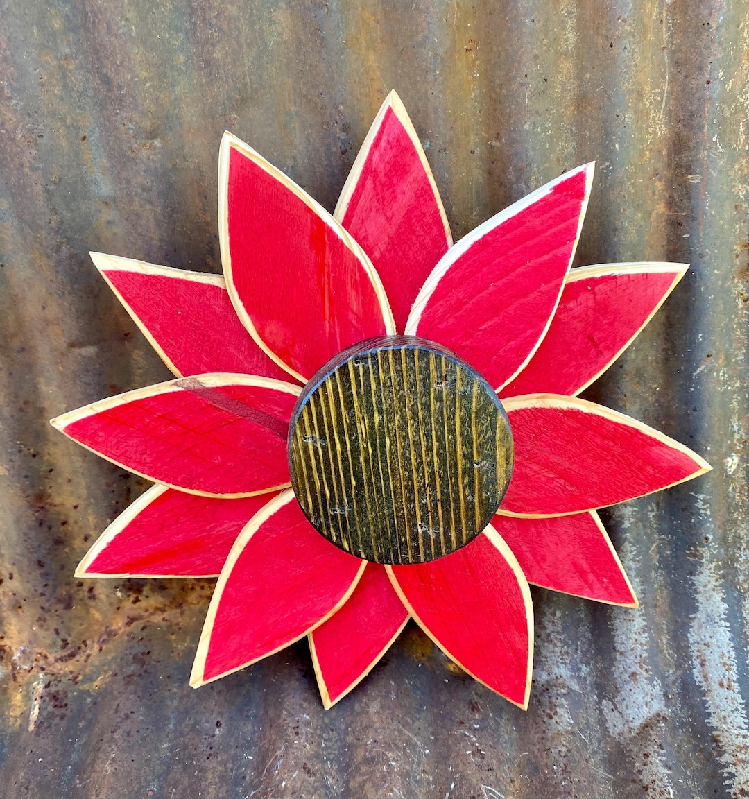 Small Red Wood Flower Wall Display Handcrafted From Repurposed Upcycled ...