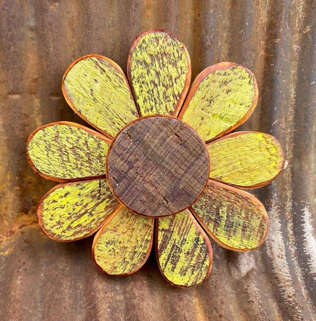 Small Rustic Rough Sawn Reclaimed Wood Yellow Wooden Flower Wall ...