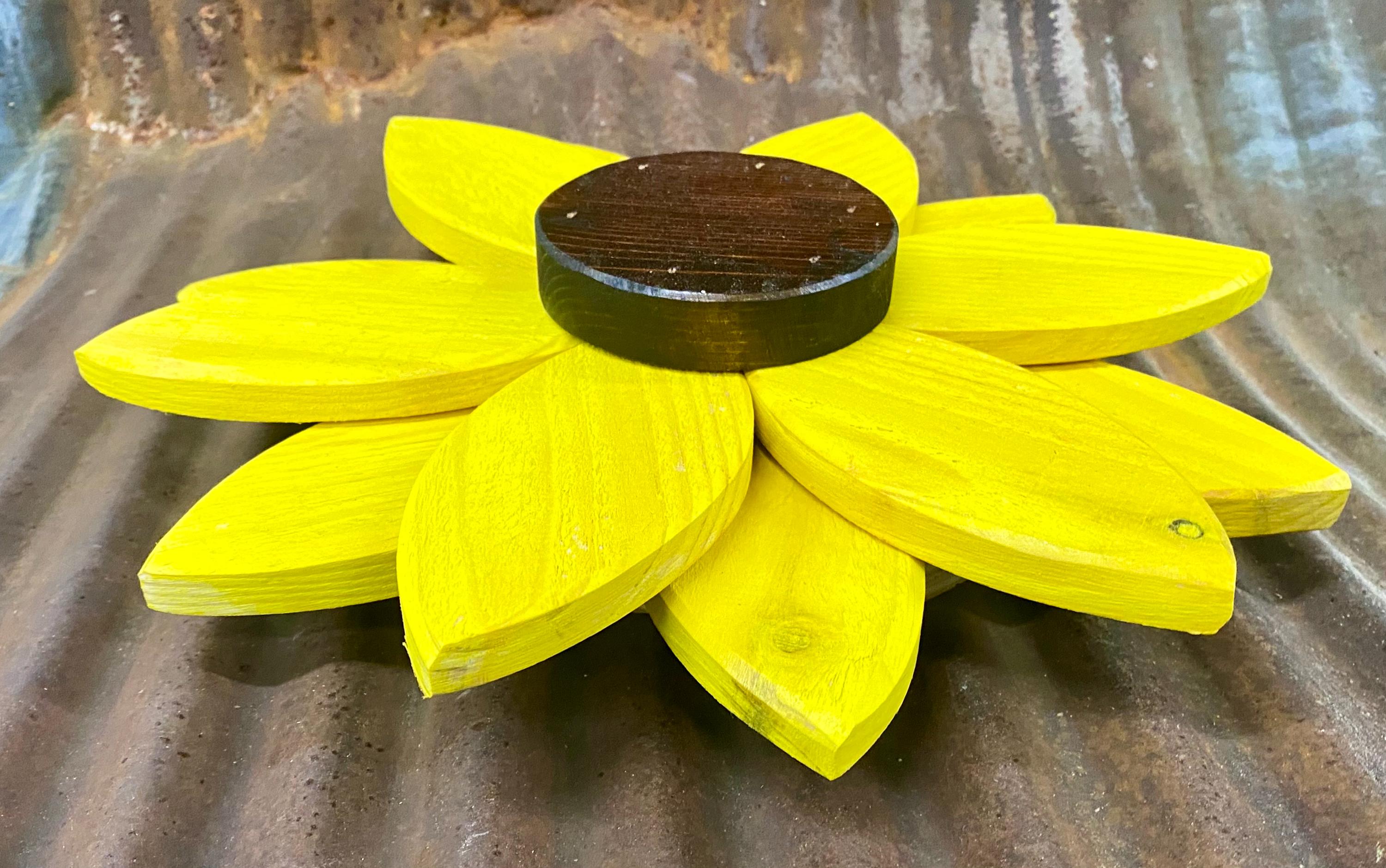 Bright Yellow Wooden Flower Wall Art Handmade From Reclaimed Rough Sawn ...
