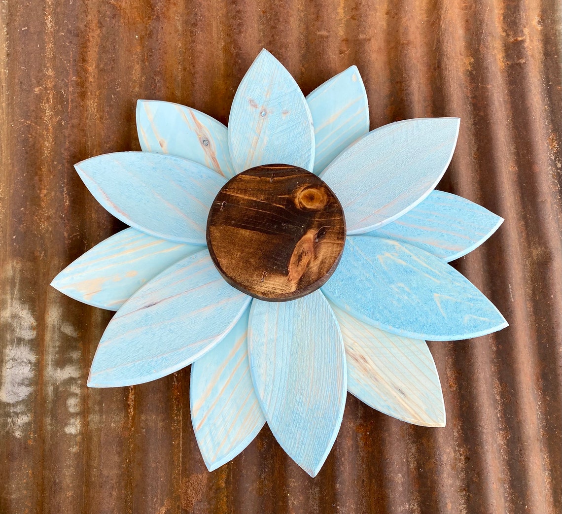 Light Baby Blue Wooden Flower Wall Decor Handmade From Reclaimed ...