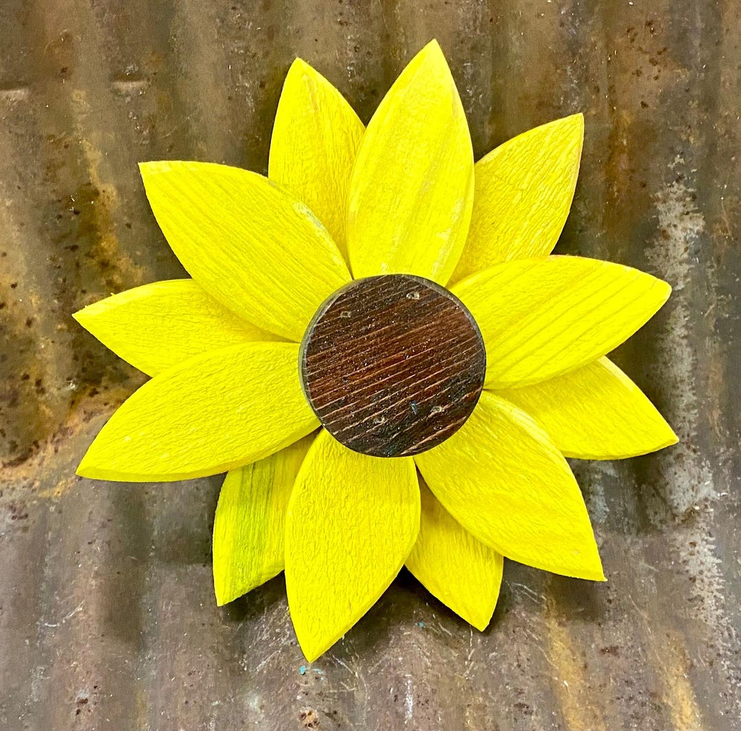 Mini Bright Yellow Wooden Flower Crafted From Salvaged Rough Sawn Pine ...