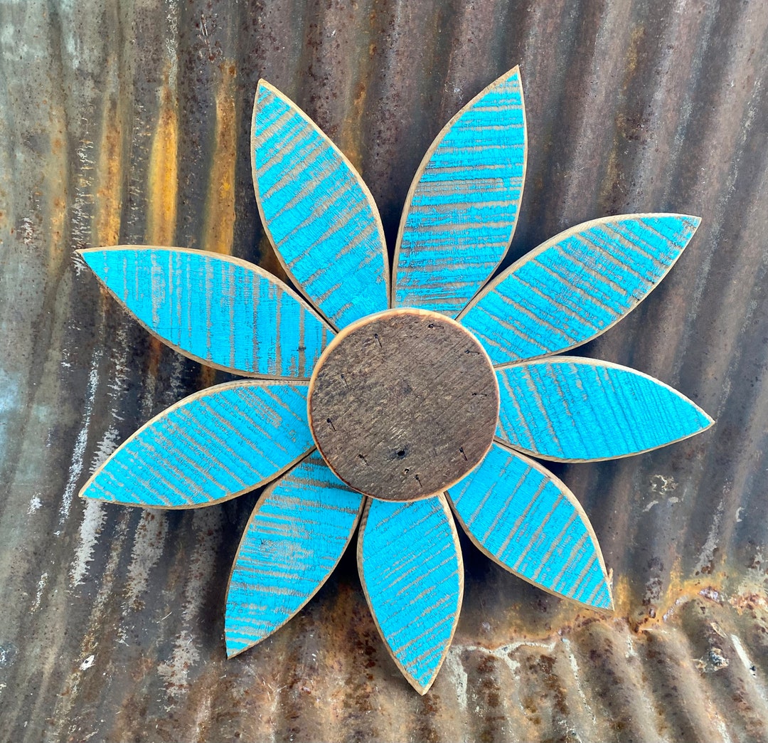 Rough Sawn Reclaimed Oak Wooden Flower Turquoise in Color Handmade From ...