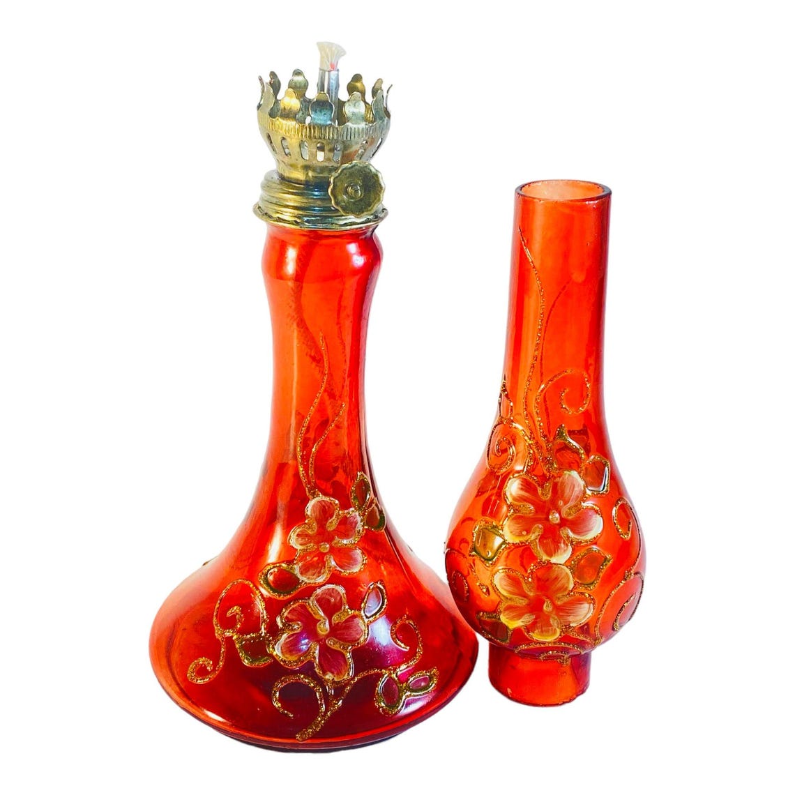 Hand Blown Glass Oil Lamp, Red Hand Painted 13" Tall - Etsy