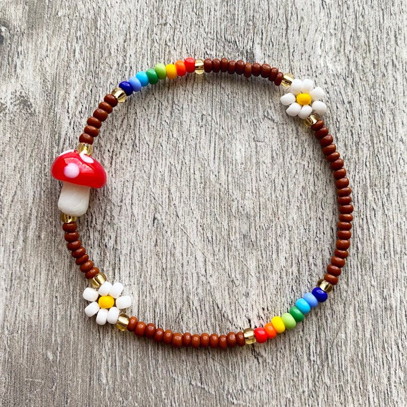 Beaded Rainbow Mushroom Bracelet With Daisies. Solid Colour Glass Seed ...