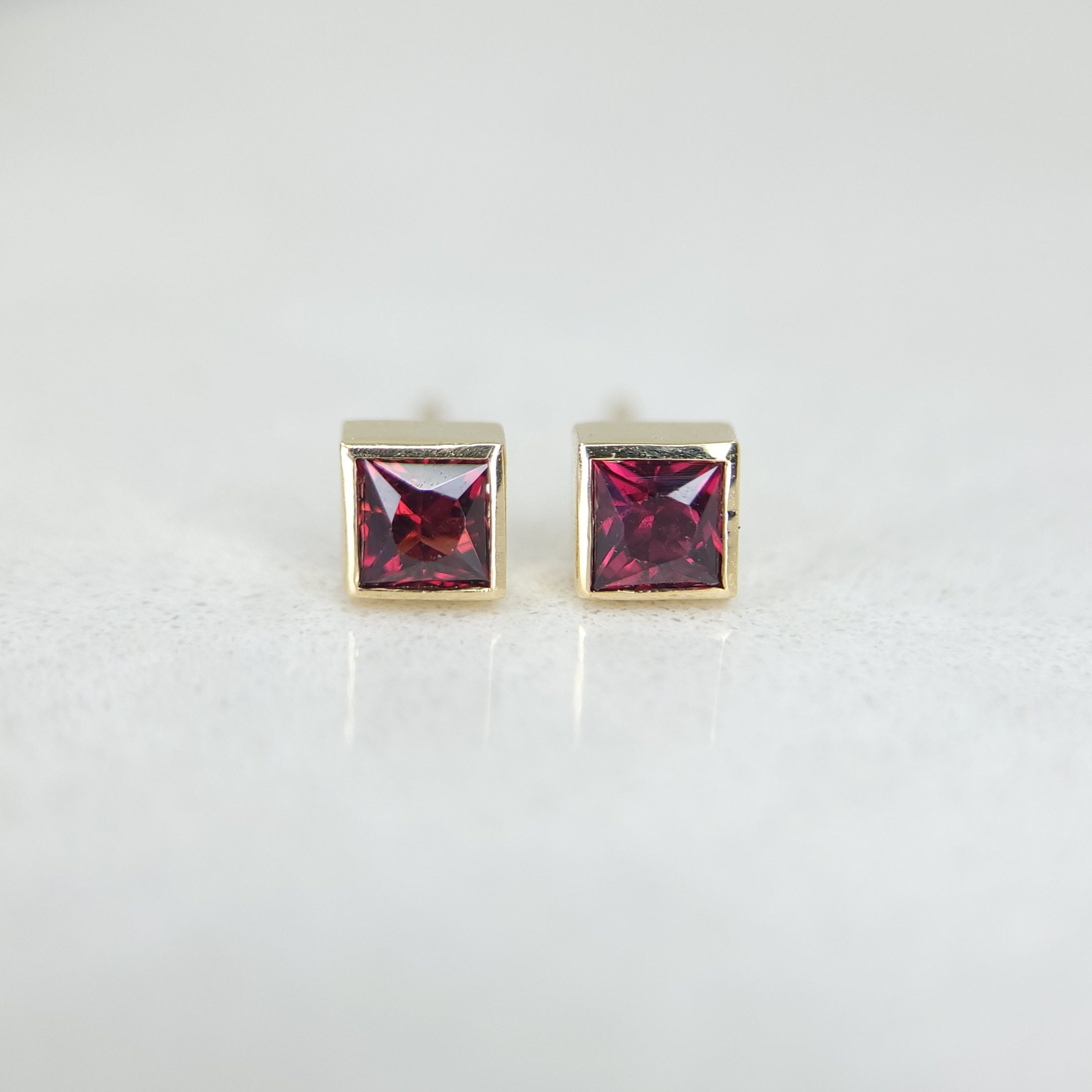 Natural Blood Red Ruby Princess Cut Earring 14k Gold Top - Etsy