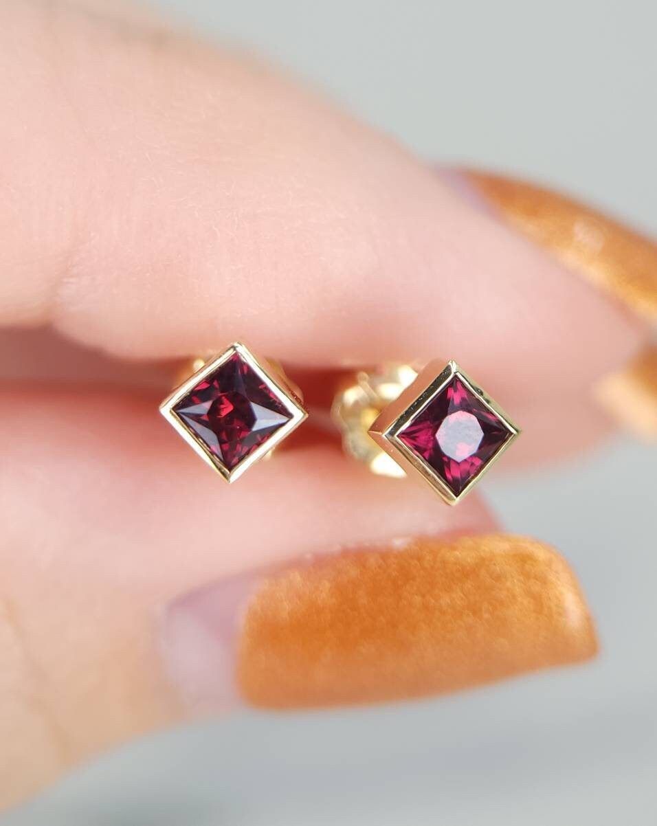 Natural Blood Red Ruby Princess Cut Earring 14k Gold Top - Etsy