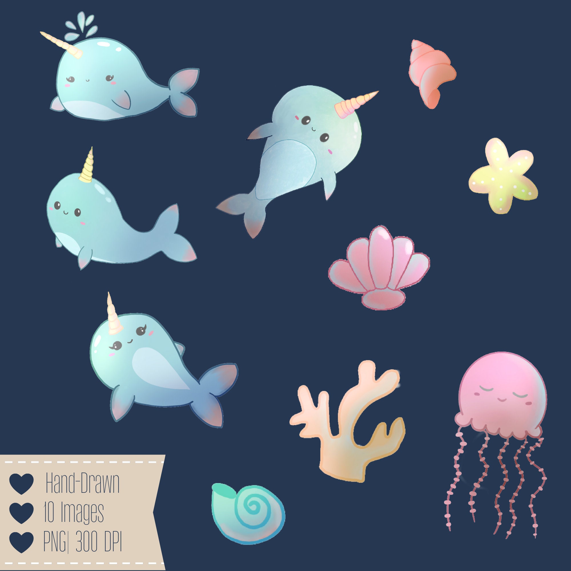 Hand Drawn Narwhal Clipart, Cute Narwhal Clipart, Ocean, Ocean Clipart ...