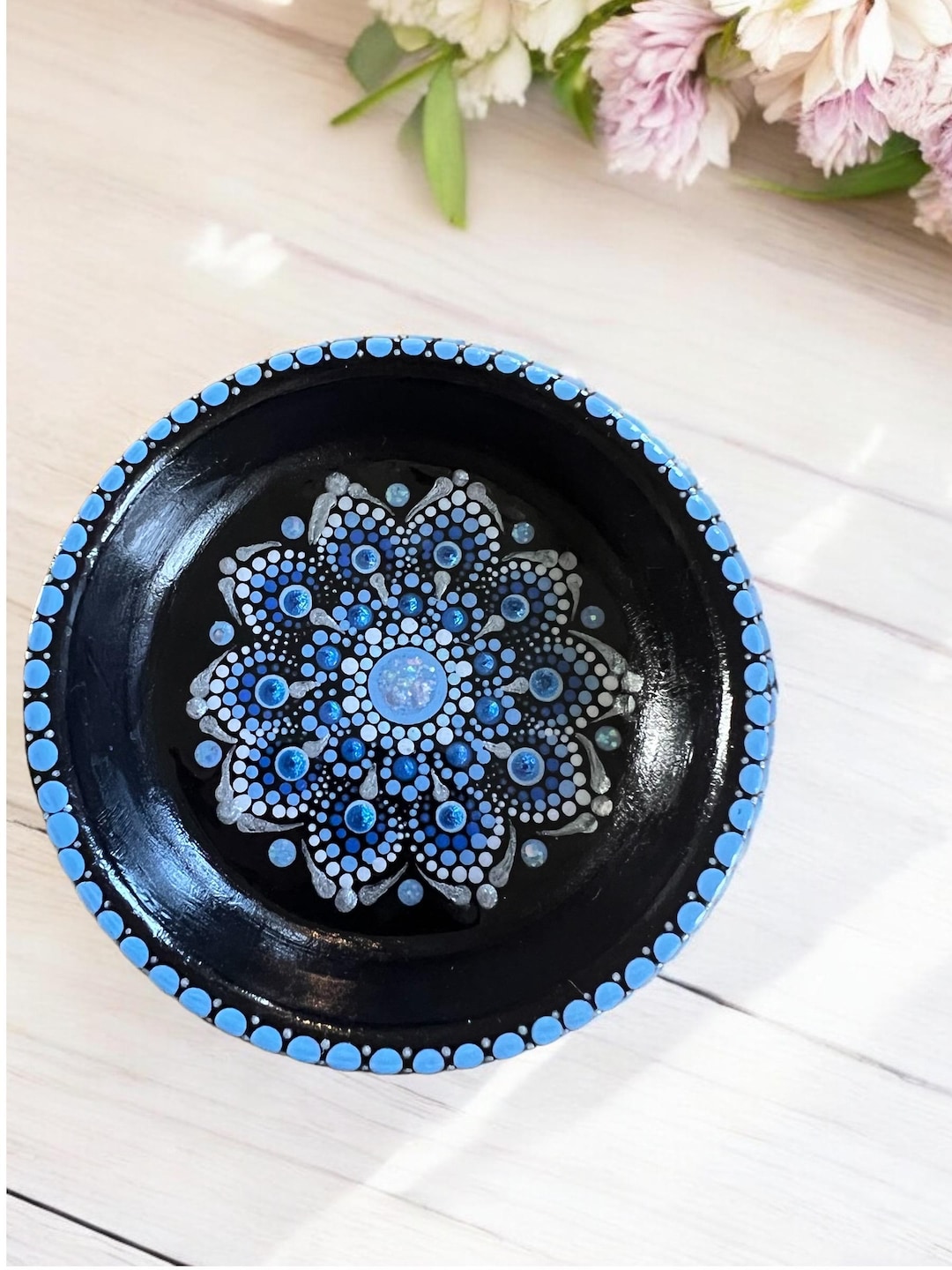 Hand-painted Mandala Dot Trinket Dish With Resin Finish | Blue and ...