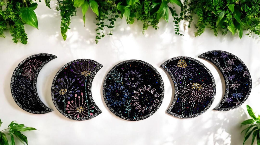 Hand-painted Resin Moon Phase Wall Art – Dot Mandala Flower Decor for ...