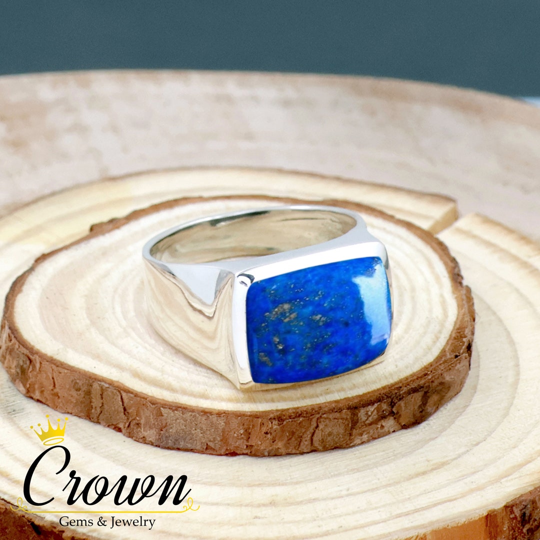 Lapis Lazuli Men's Ring, Silver Men's Ring, Cushion Cut Men's Ring, Simple Men's Ring, 925 ...