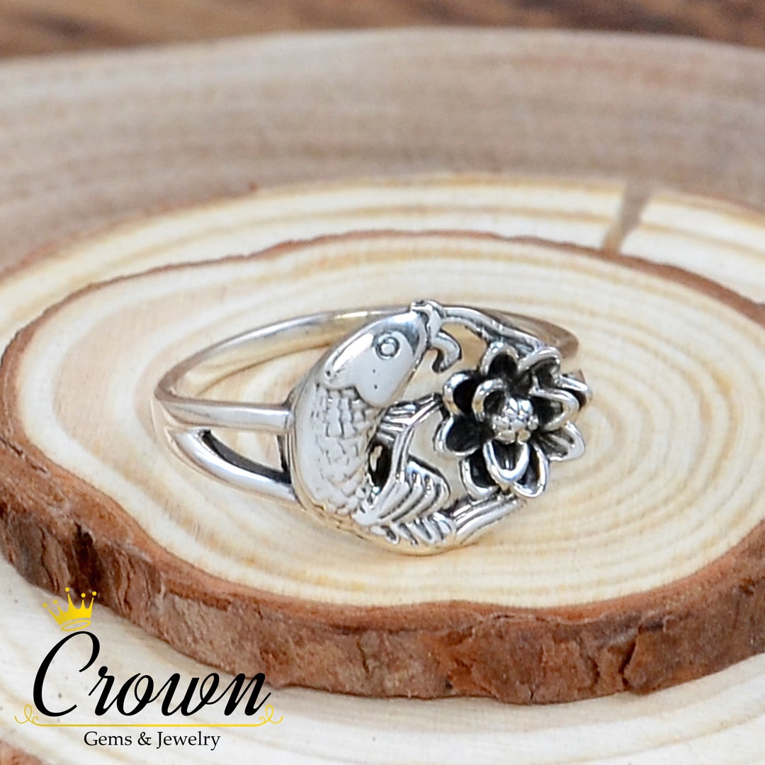 Lotus Fish Ring, Fish With Lotus Flower Ring, Silver Fish Ring, 925 ...