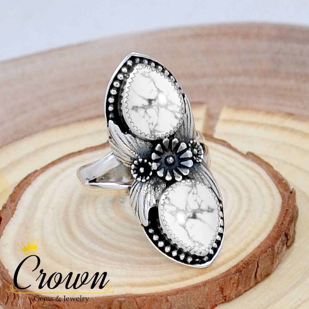White Howlite Ring, 925 Sterling Silver Ring, Flower and Leaf Ring, Two ...