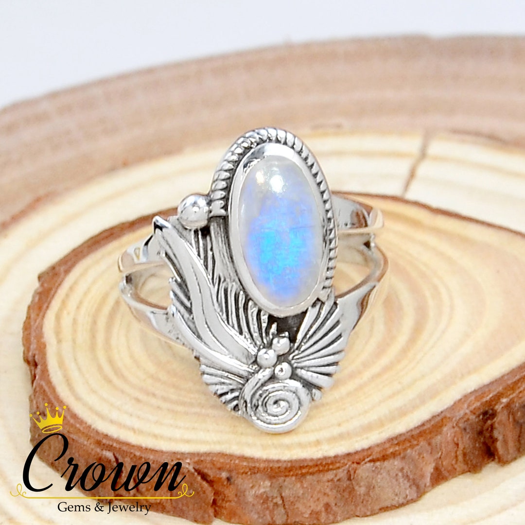 Native American Ring, Rainbow Moonstone Ring, Feather Ring, Sterling ...