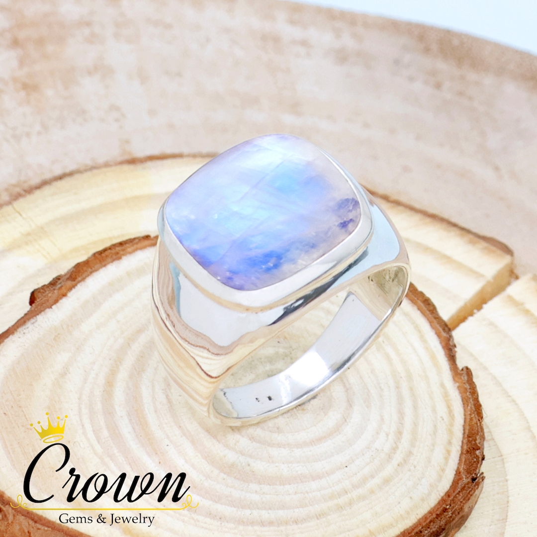 Handmade Cushion Moonstone Signet Ring: 925 Sterling Silver Men's Ring ...