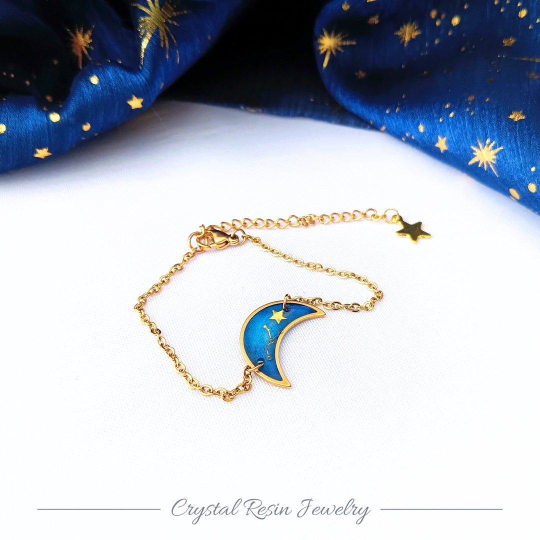 Moon Bracelet With Stars, Gold Color Metal Minimalist Chain Half Moon Bracelet, Nigh Sky Blue ...