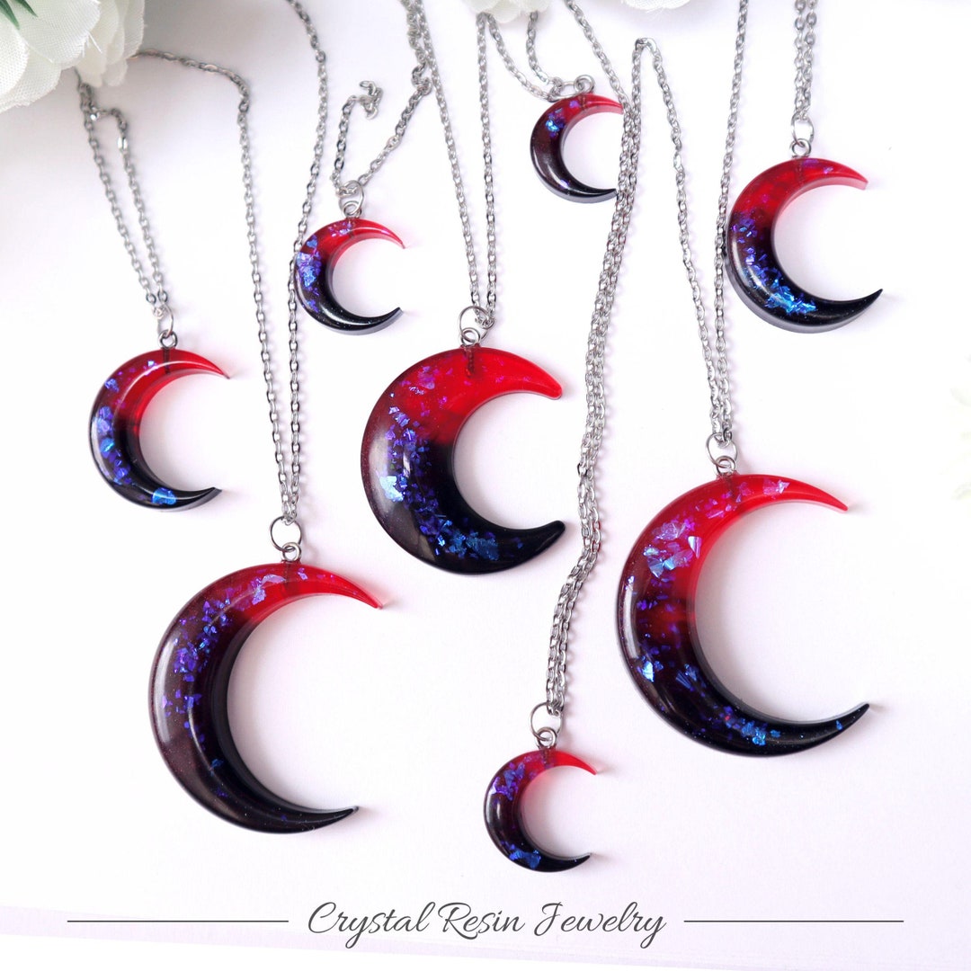 Black Red Crescent Moon Pendant by Resin, Glitter Rainbow Blue Glowing ...