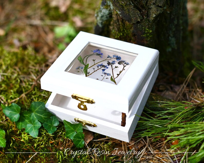 White Jewelry Wood Box With Real Dried Pressed Flowers, Handmade Forest ...