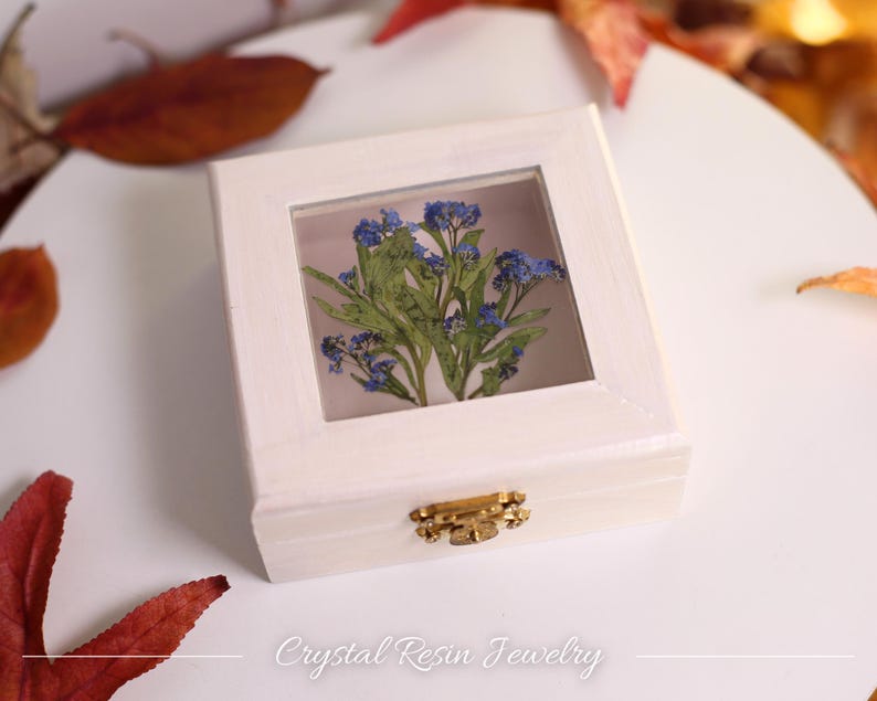White Jewelry Wood Box With Real Dried Pressed Flowers, Handmade Forest ...