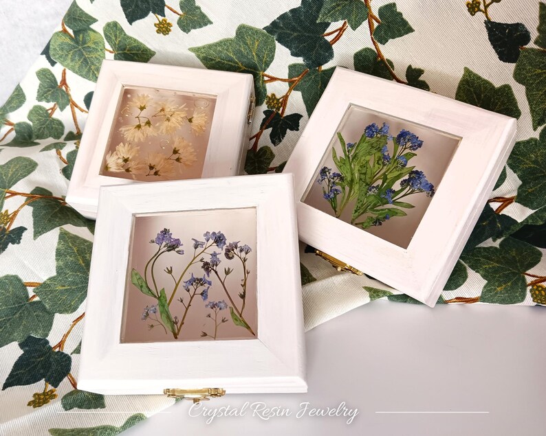 White Jewelry Wood Box With Real Dried Pressed Flowers, Handmade Forest ...