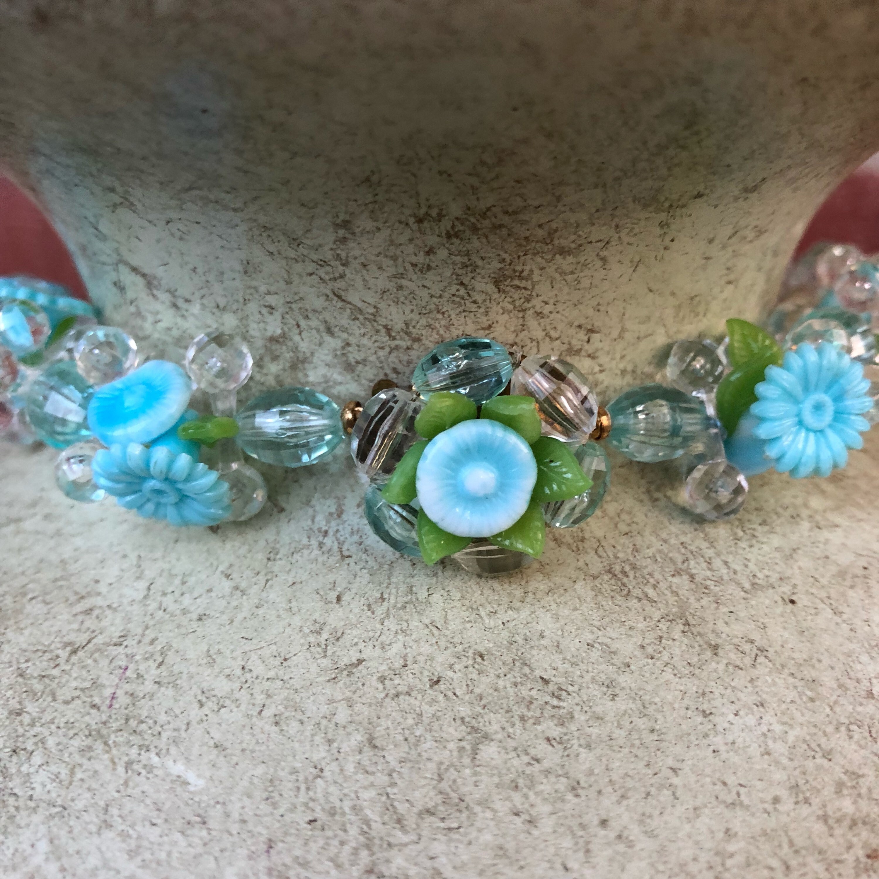 Vintage Plastic Flower Garland Necklace Turquoise Flowers With Green ...
