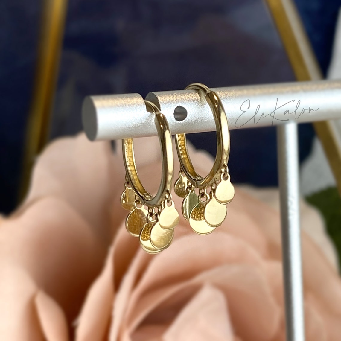 14K Solid Gold Coin Earrings Dangle Earrings Charm Earrings - Etsy