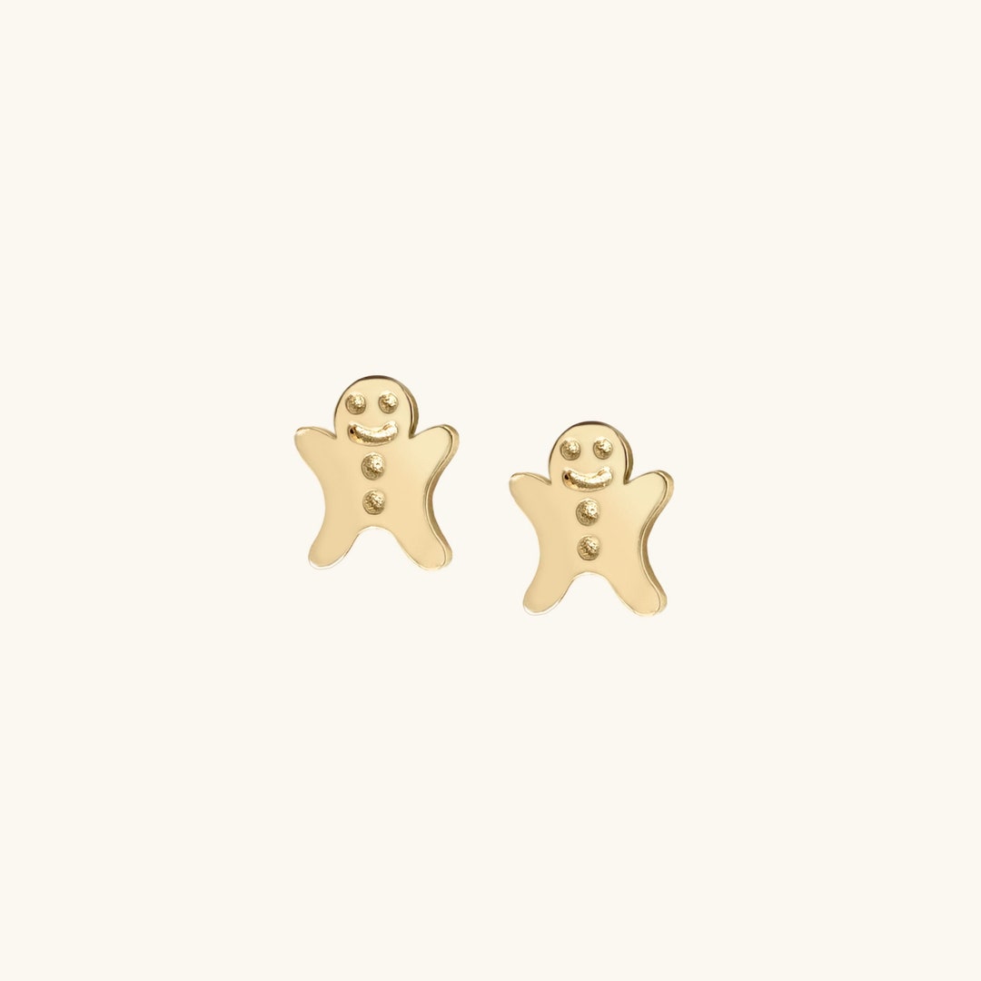 14K Solid Gold Gingerbread Man Studs, Christmas Earrings, Christmas ...
