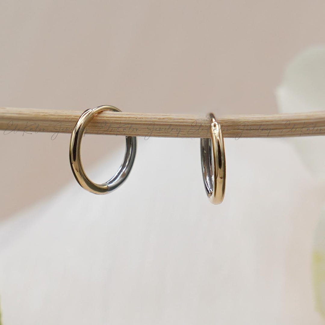 18K Solid Gold Two-tone Hoop Earrings, Everyday Simple Ear Hoops ...