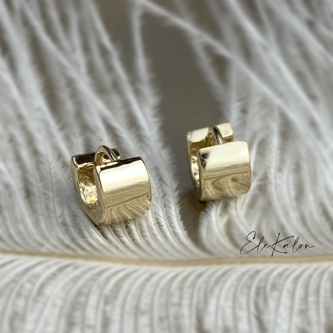 14K Solid Yellow Gold Wide Huggie Hoop Earring: Minimalist Cartilage ...