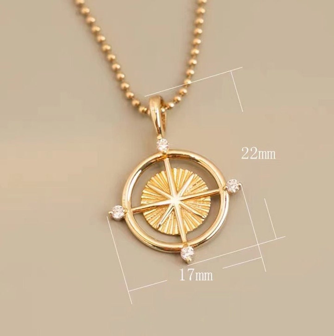 14K Solid Gold Compass Pendant, Compass Necklace, North Star Necklace ...