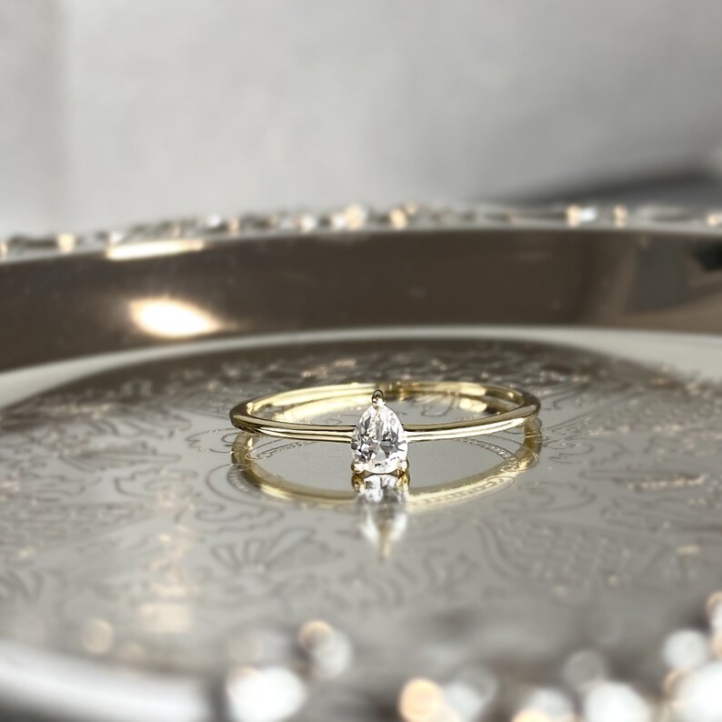 10K Gold Pear Gemstone Ring: Delicate Stacking Ring - Etsy