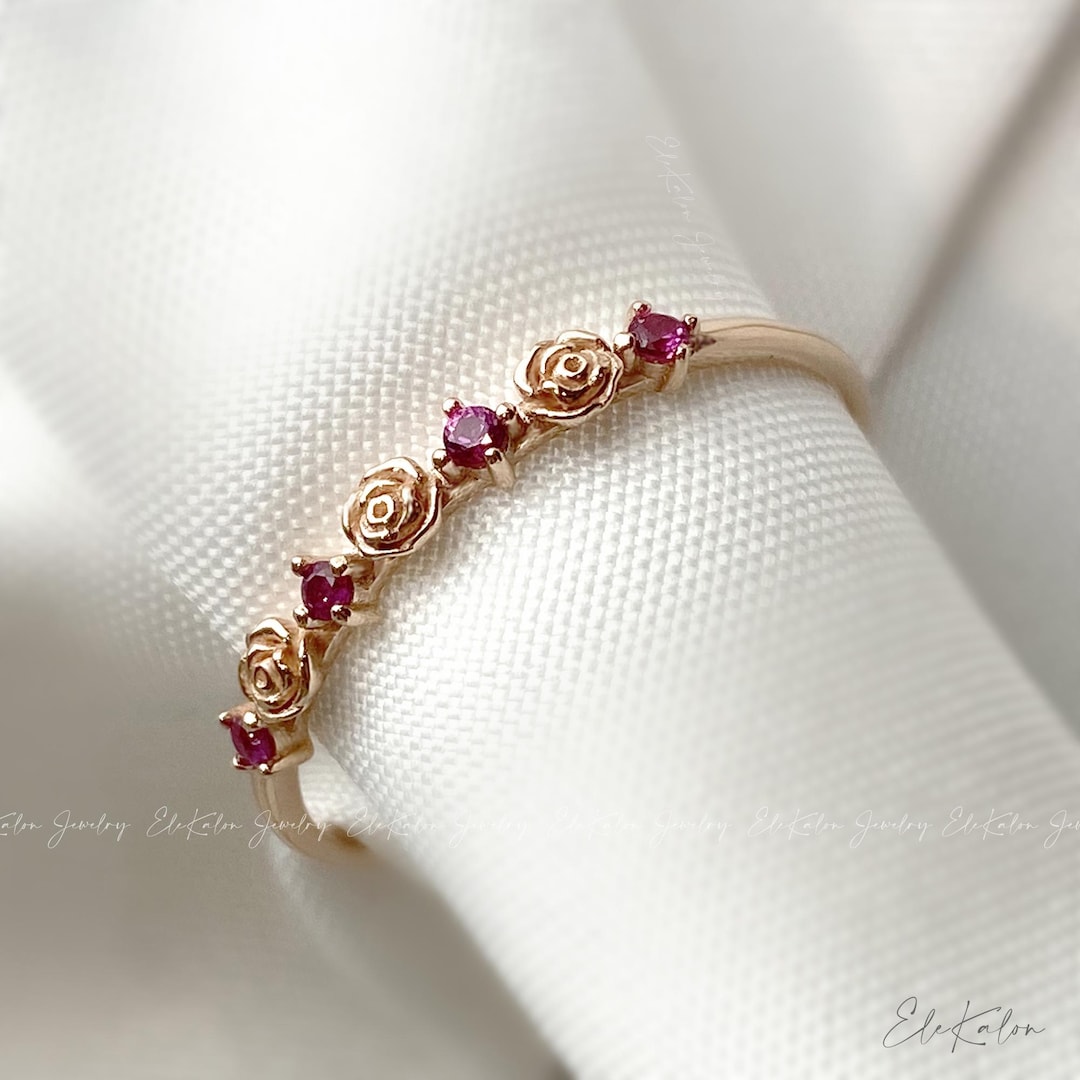 14K Gold Ruby Ring: Dainty Rose Flower Stacking Band - Etsy
