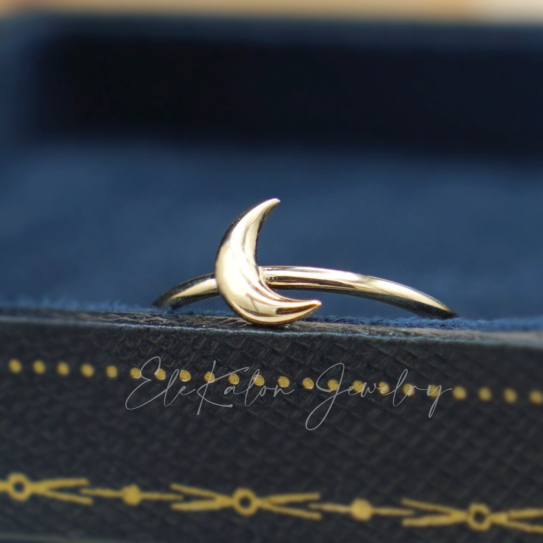 14K Solid Gold Crescent Moon Ring, Moon Stacking Ring, Celestial Ring, Moon Magic, Witch Ring ...