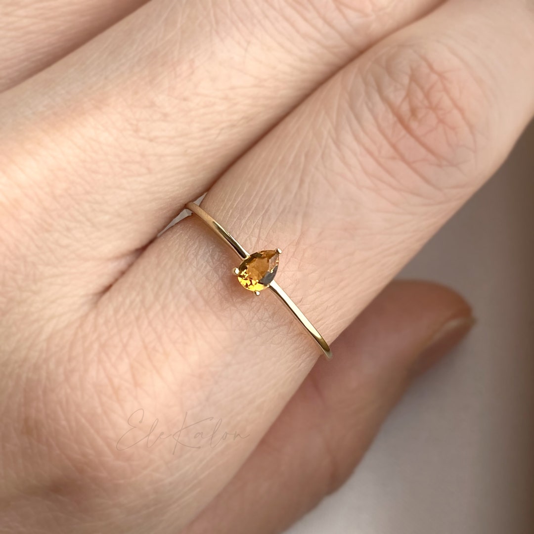 10K Gold Pear Gemstone Ring: Delicate Stacking Ring - Etsy