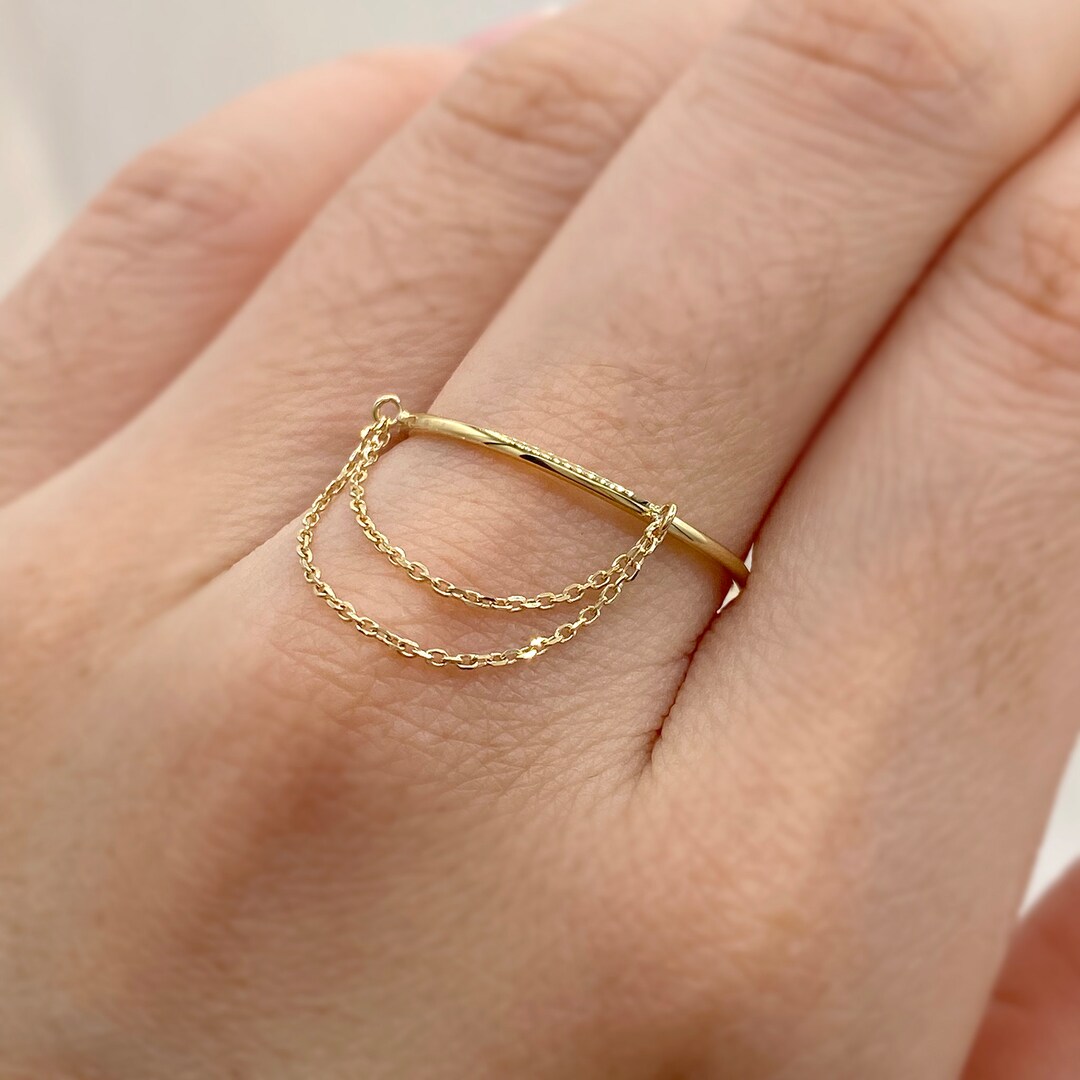 9K Solid Yellow Gold Chain Ring, Dangle Ring, Dangle Chain Ring ...