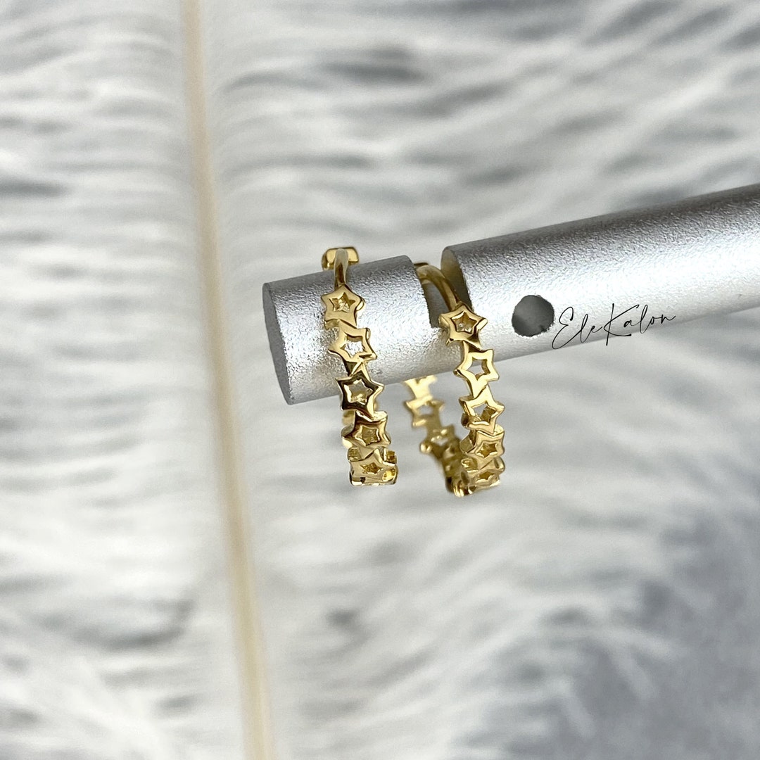 14K Solid Gold Star Hoop Earrings: Celestial Huggie Hoops - Etsy