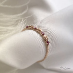 14K Gold Ruby Ring, Natural Ruby Ring, Ruby Engagement Ring, Dainty Gold Ring, Rose Flower Ring ...